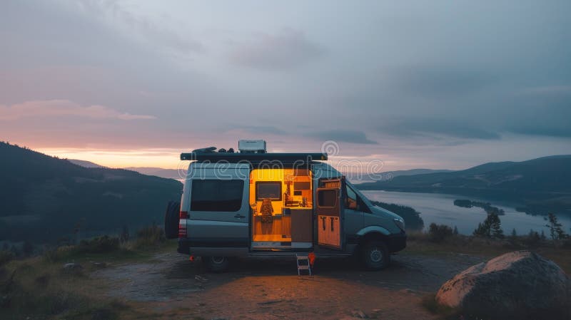 Camper Van Parked on a Mountain at Sunset with Panoramic Views of the ...
