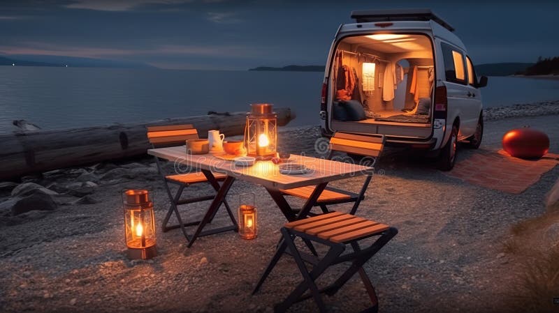A Camper Van Parked Next To a Beach with a Table and Chairs. AI ...