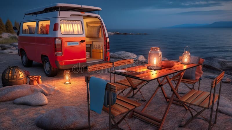 A Camper Van Parked Next To the Ocean at Night. AI Generative Image ...