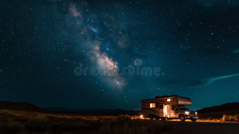 Camper Van Parked Under a Starry Night Sky Stock Illustration ...