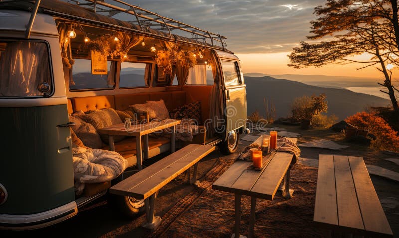 Camper Van with Picnic Table and Benches Stock Image - Image of ...