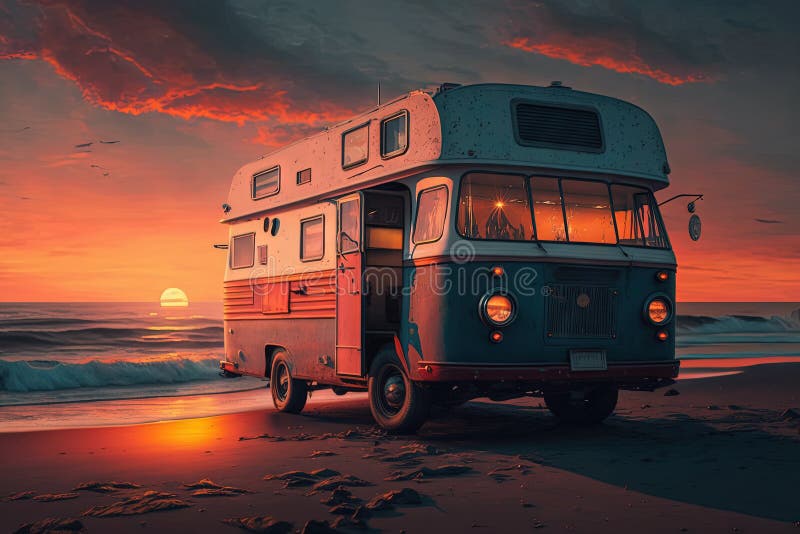 Camper Van Rv at Sunset on Beach Illustration Generative Ai Stock ...