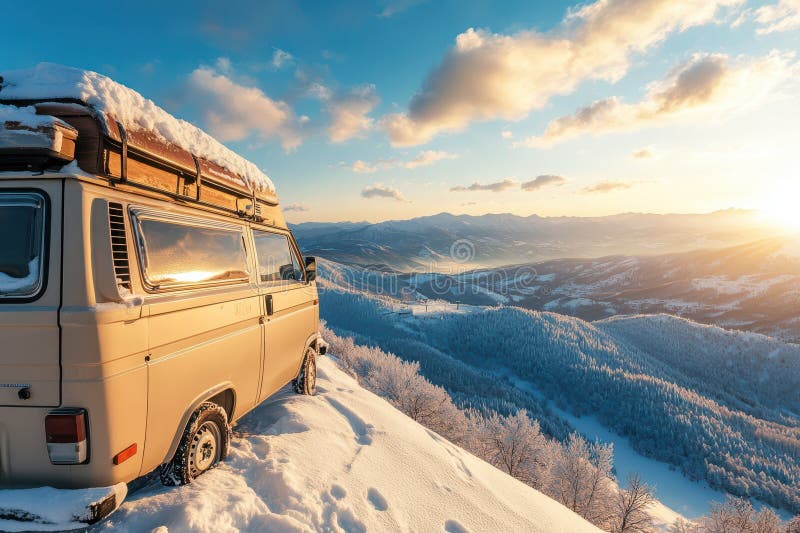 Camper Van on a Snowy Cliff Overlooking a Vast Winter Valley Under ...