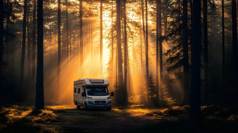 Camper Van in Sunlit Forest at Dawn Stock Photo - Image of journey ...