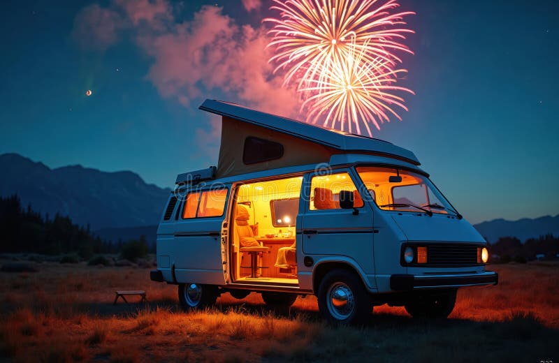Camper Van Under Night Sky with Exploding Fireworks. Mobile Home Parked ...
