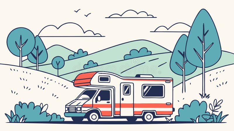 Camper Van on Winding Road, Bold Outlines, Rolling Hills. Vector Design Generative AI Stock ...