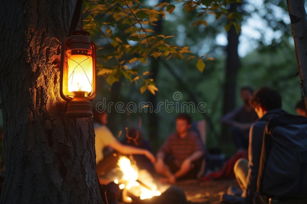Campers Around a Fire with a Lantern on a Tree Stock Image - Image of ...