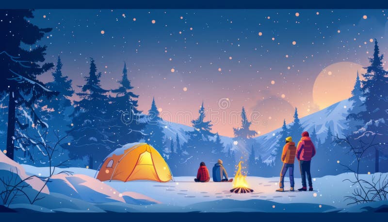 Campers at Camp Fire in Winter Landscape in Polar Night Stock ...
