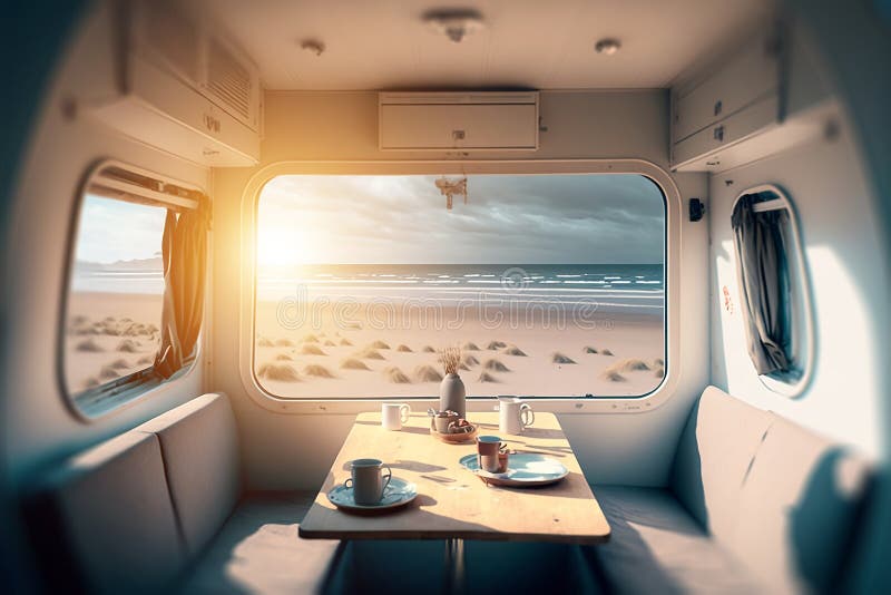 Campervan and Nice Landscape Outside. View Inside of a Campervan ...