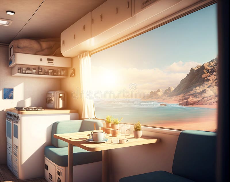 Campervan and Nice Landscape Outside. View Inside of a Campervan ...