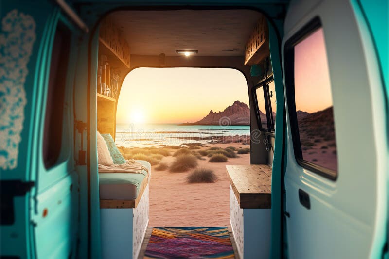 Campervan and Nice Landscape Outside. View Inside of a Campervan ...