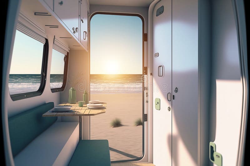 Campervan and Nice Landscape Outside. View Inside of a Campervan ...