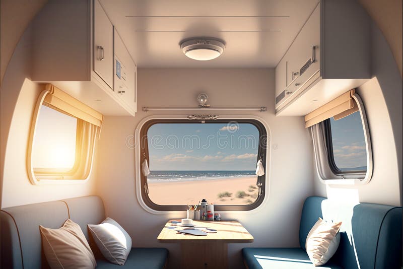 Campervan and Nice Landscape Outside. View Inside of a Campervan ...