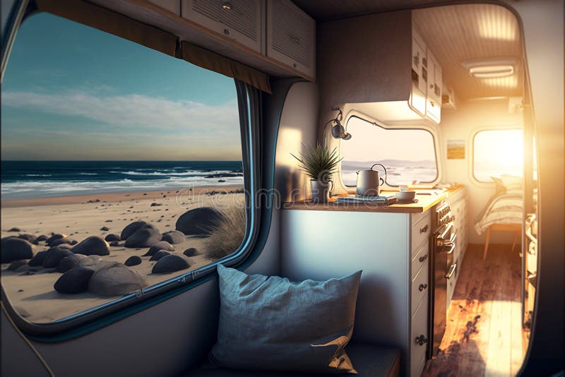 Campervan and Nice Landscape Outside. View Inside of a Campervan ...