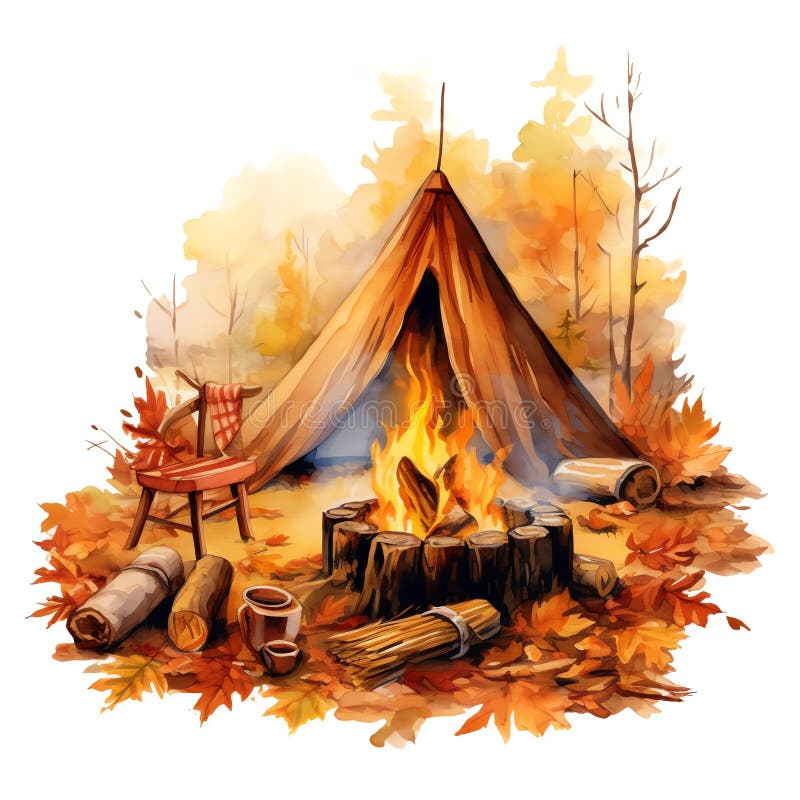 Campfire Autumn Fall Watercolor Illustration Stock Illustration ...