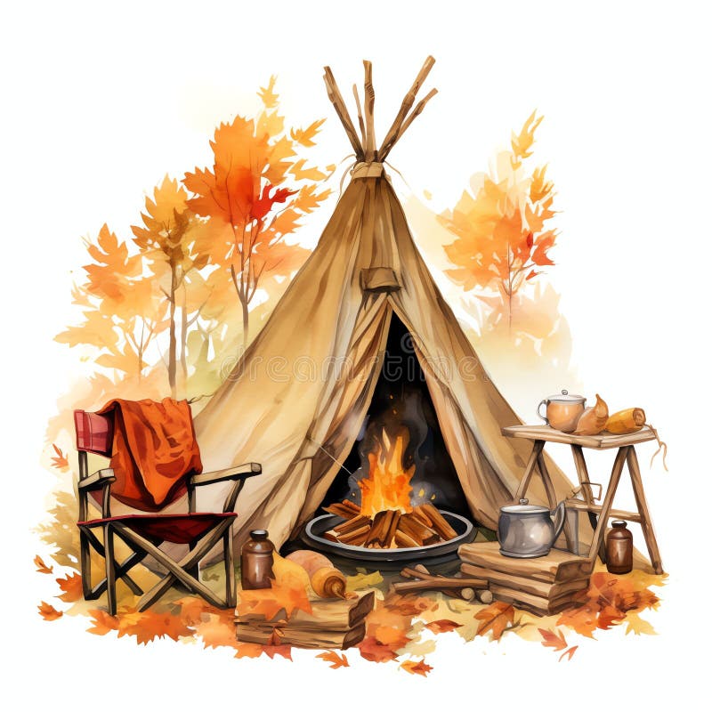 Campfire Autumn Fall Watercolor Illustration Stock Illustration ...