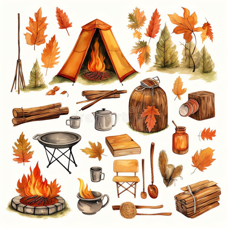 Campfire Autumn Fall Watercolor Illustration Stock Illustration ...