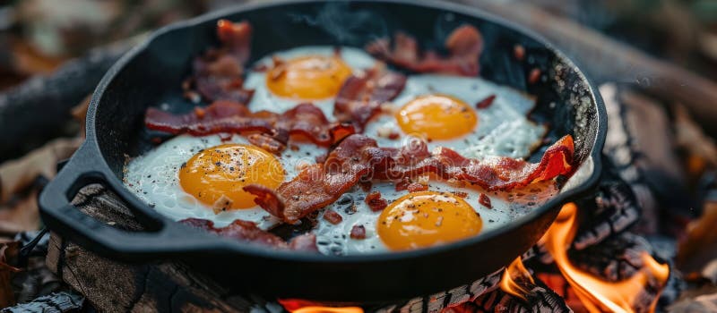 Campfire Bacon and Eggs Cooking Stock Photo - Image of cooking, heat ...