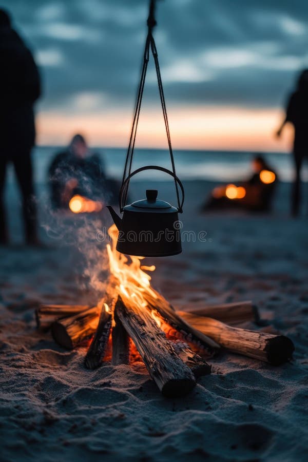 Campfire on the Beach with Kettle at Sunset Stock Image - Image of ...
