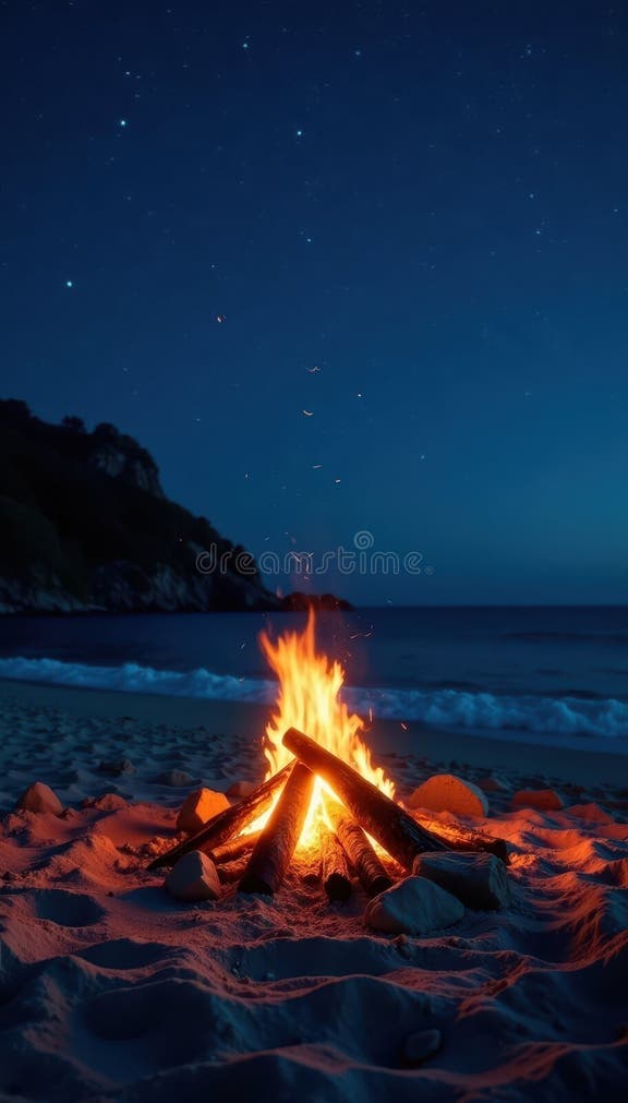 Campfire on Beach at Night with Stars Visible, Bonfire, Shadow Stock ...
