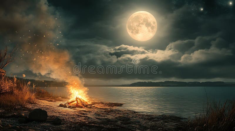 Campfire on Beach at Night Under Full Moon Stock Photo - Image of ...