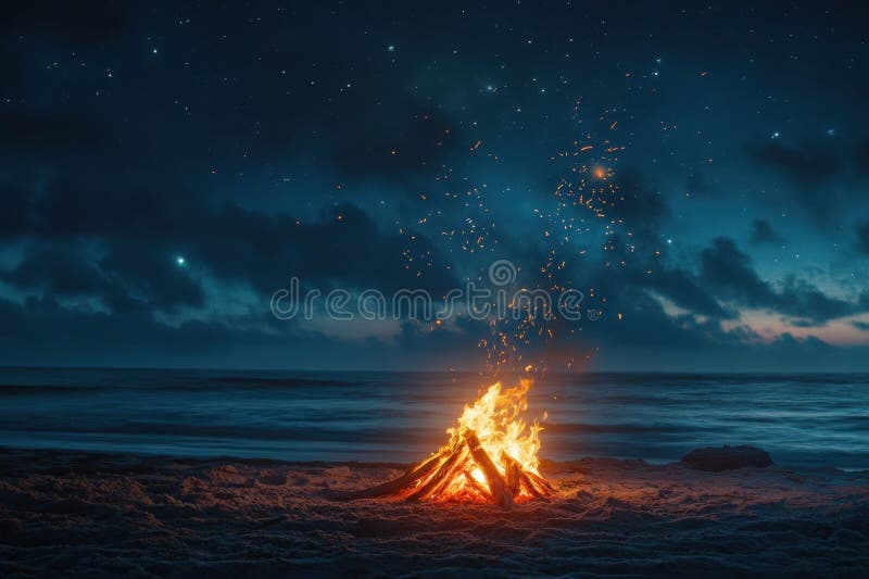Campfire Beach Night Under Starry Sky Ocean Waves Stock Photos - Free ...