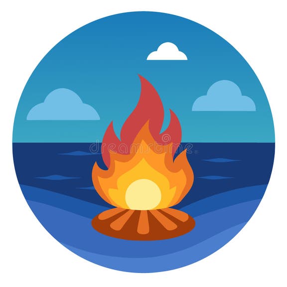 A Campfire on a Beach at Sunset. Background of Ocean Waves Gently ...