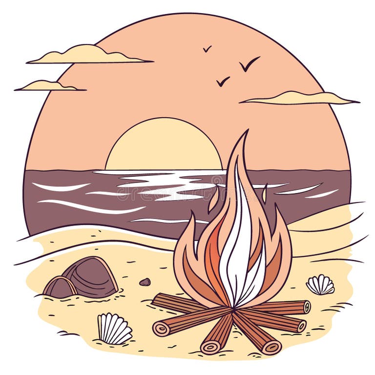 A Campfire on a Beach at Sunset. Background of Ocean Waves Gently ...