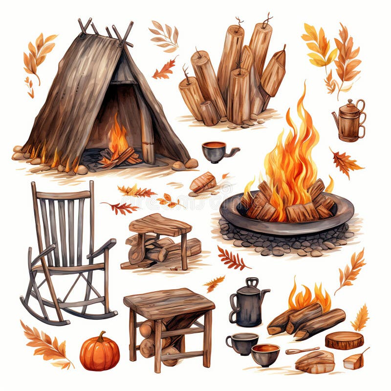 Campfire Bliss Autumn Fall Watercolor Illustration Stock Illustration ...