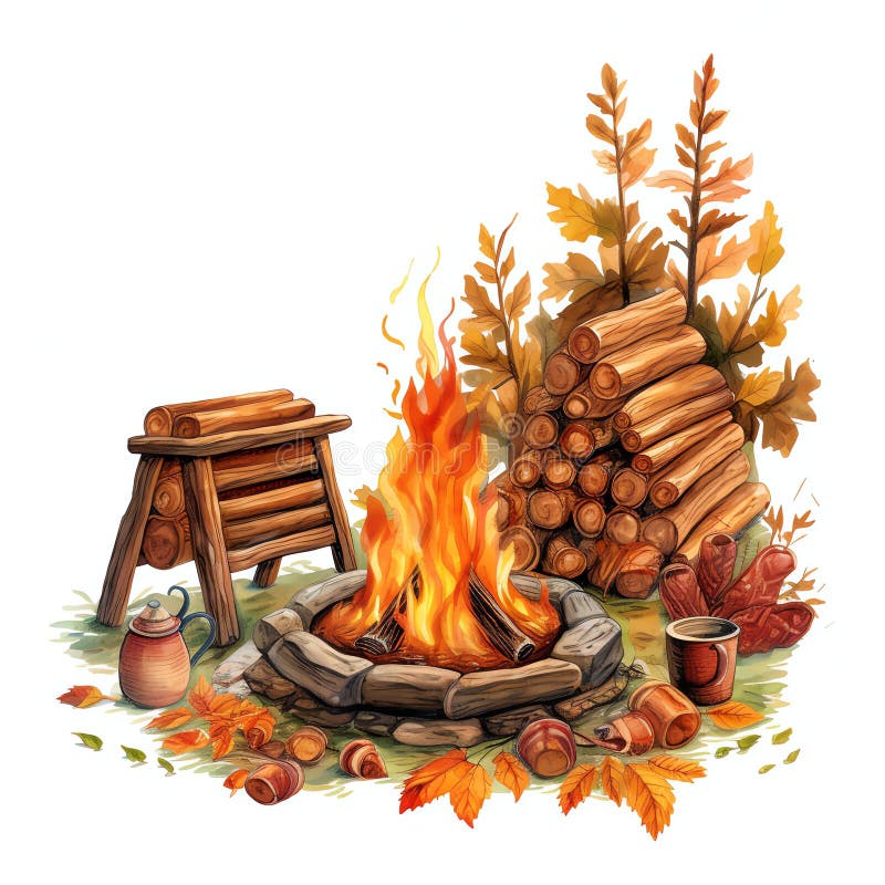 Campfire Bliss Autumn Fall Watercolor Illustration Stock Illustration ...