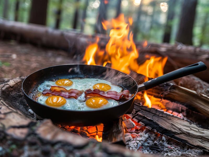 Campfire Breakfast with Bacon and Eggs in a Cast Iron Skillet Stock ...