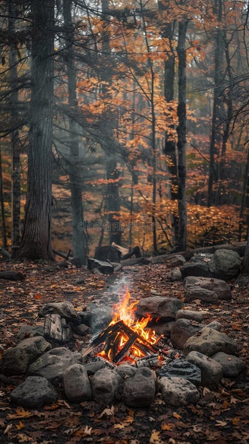 Campfire Burning in Autumn Woods Stock Illustration - Illustration of ...