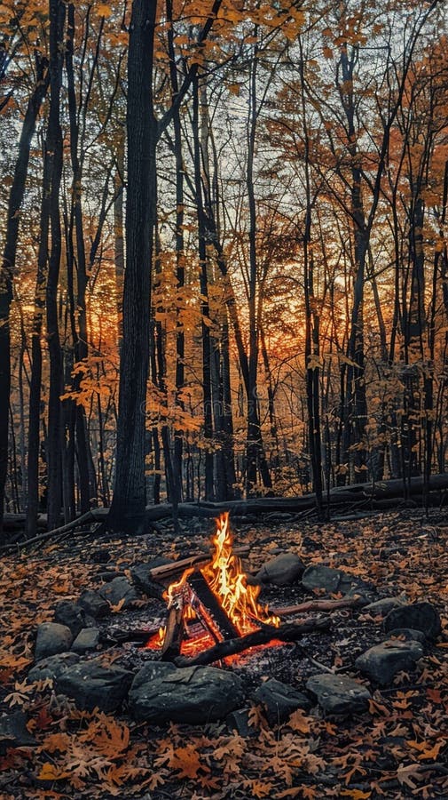 Campfire Burning in Autumn Woods Stock Illustration - Illustration of ...