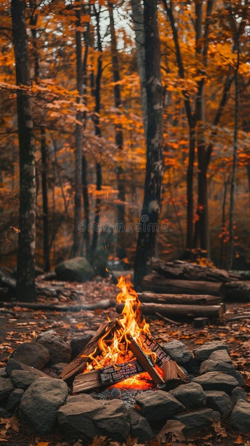 Campfire Burning in Autumn Woods Stock Illustration - Illustration of ...