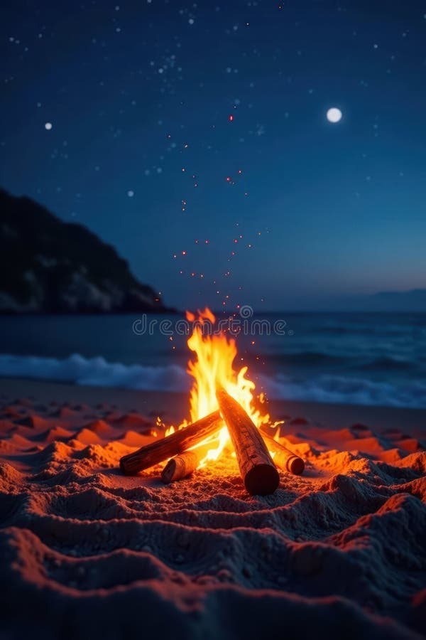 Campfire Burning on Beach at Night, Starry Sky , Glow, Wood, Night Sky Stock Illustration ...