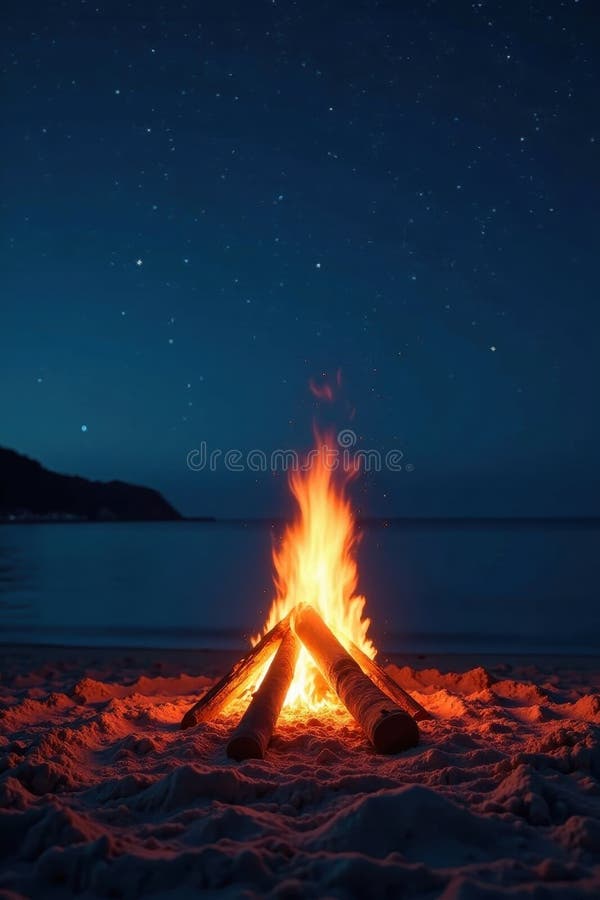 Campfire Burning on Beach at Night, Stars Visible, Celestial, Cozy ...