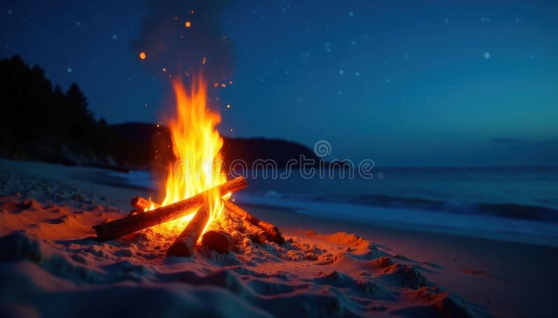 Campfire Burning on Beach at Night, Stars Visible, Flame, Sand Stock Illustration - Illustration ...