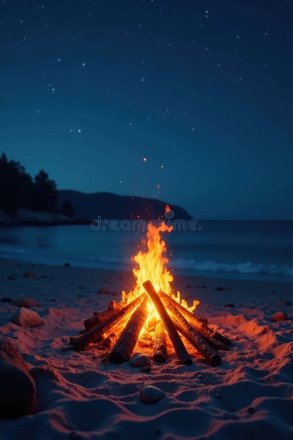 Campfire Burning on Beach at Night, Stars Visible, Heat, Beach, Solitude Stock Illustration ...