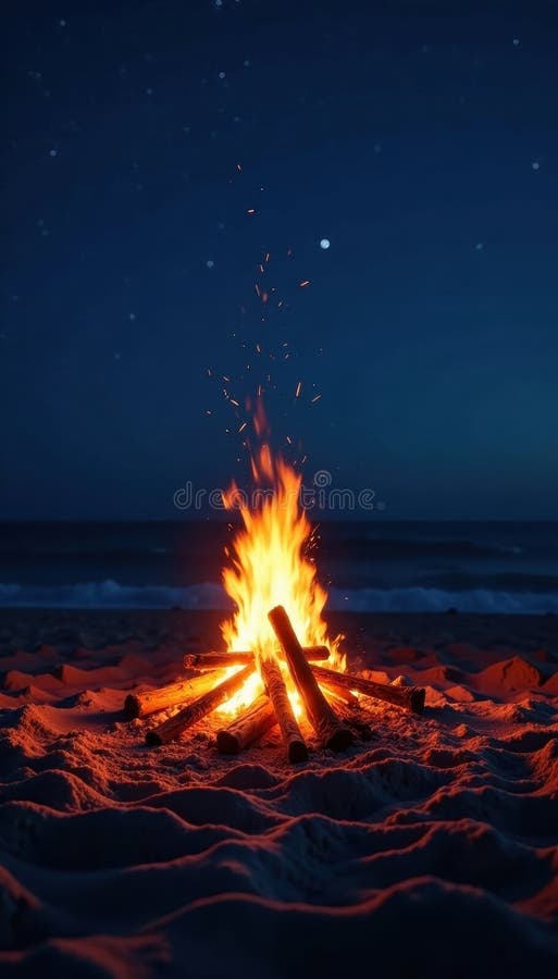 Campfire Burning on Beach at Night, Stars Visible, Sky, Stars, Dark Stock Illustration ...