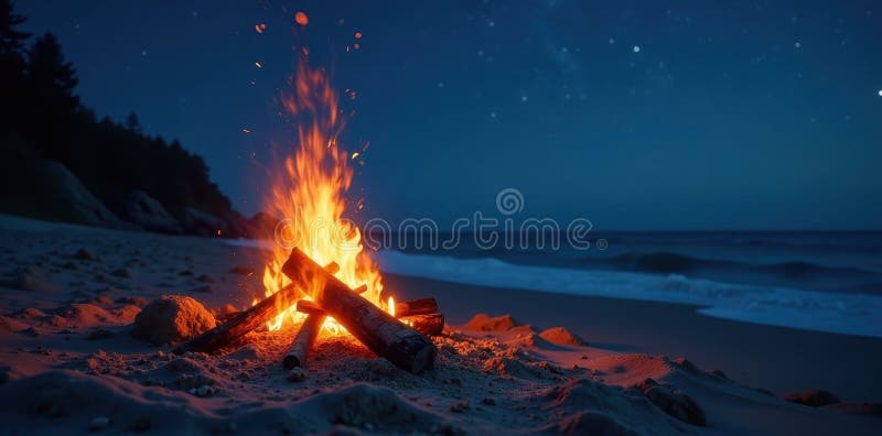 Campfire Burning on Beach at Night, Stars Visible, Warmth, Scenic Stock Illustration ...