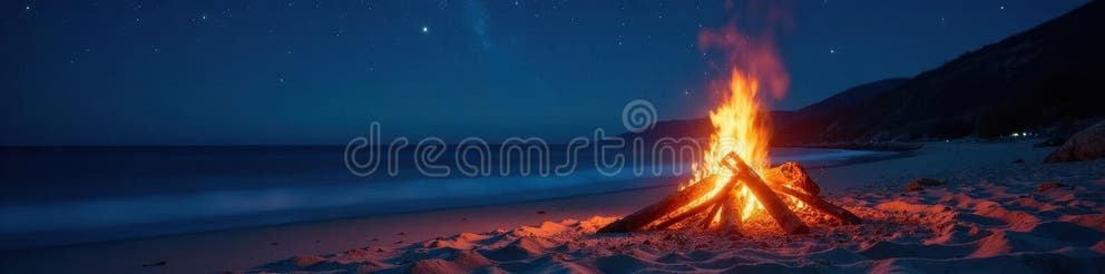 Campfire Burning on Beach at Night Under Starry Sky, Campfire, Beach Stock Illustration ...