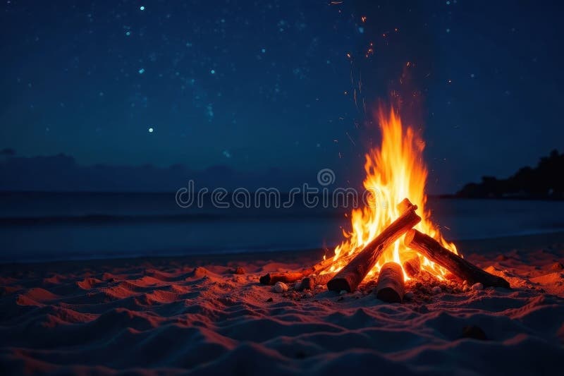 Campfire Burning on Beach at Night Under Starry Sky, Mystical, Silhouette Stock Illustration ...