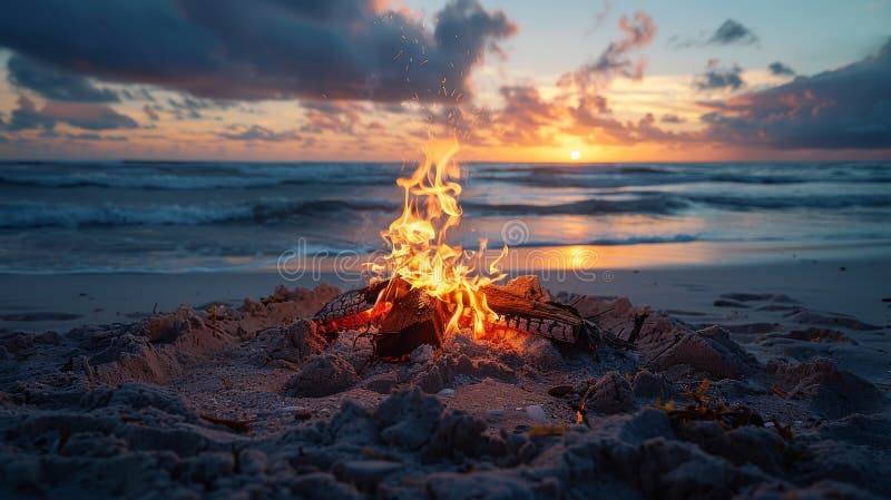 Campfire Burning on Beach with Ocean Background Stock Photo - Image of ...