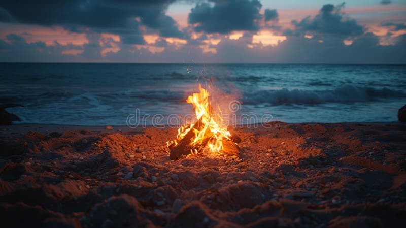 Campfire Burning on Beach with Ocean Background Stock Photo - Image of ...