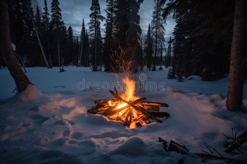 Campfire Burning Bright in the Middle of Snow-covered Clearing Stock ...