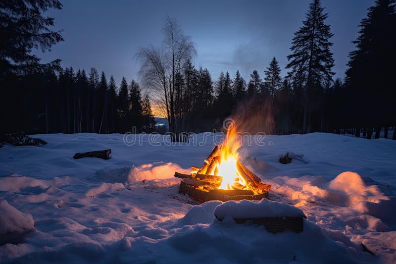 Campfire Burning Bright in the Middle of Snow-covered Clearing Stock ...
