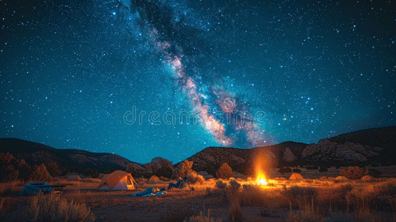 Campfire Burning Bright Under Starry Night Sky Stock Image - Image of ...