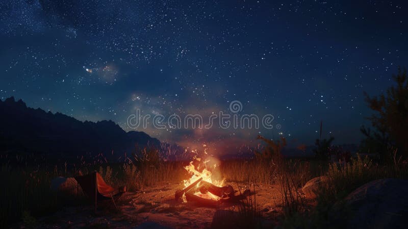 A Campfire Burning Brightly in the Center of a Open Field, Surrounded ...