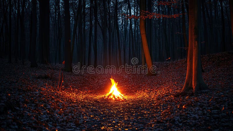 Campfire Burning Brightly in Dark Forest at Night Stock Photo - Image ...