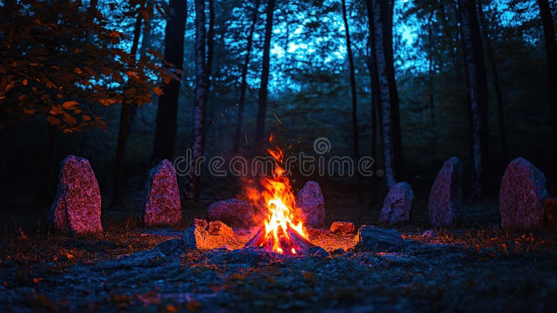 Campfire Burning Brightly in a Dark Forest, Surrounded by Stones Stock ...
